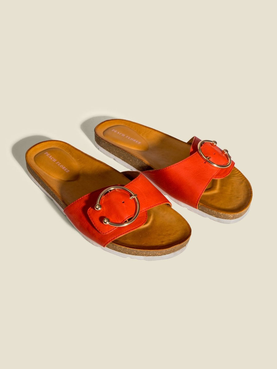 Anne Leather Slides – Peach Flores